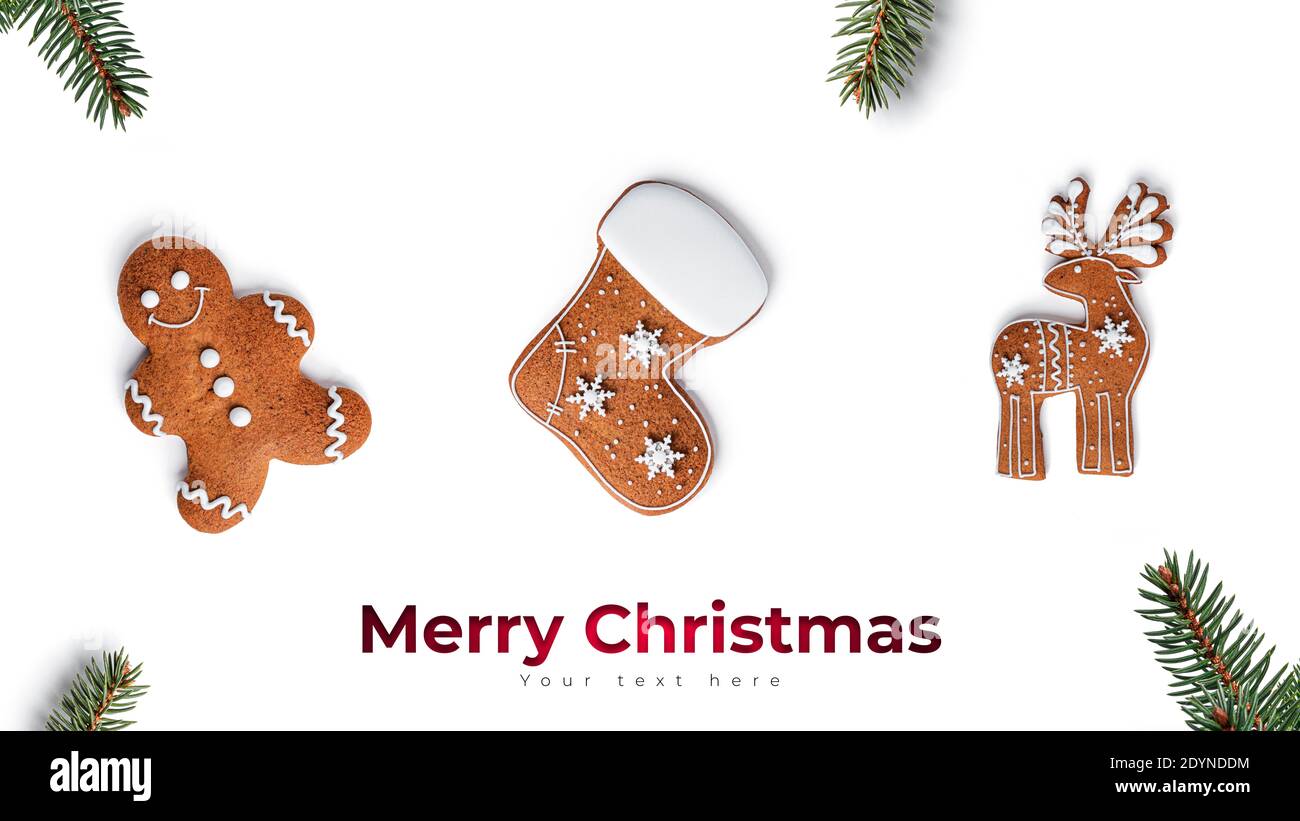 Merry Christmas with gingerbread cookies. Long header banner format ...