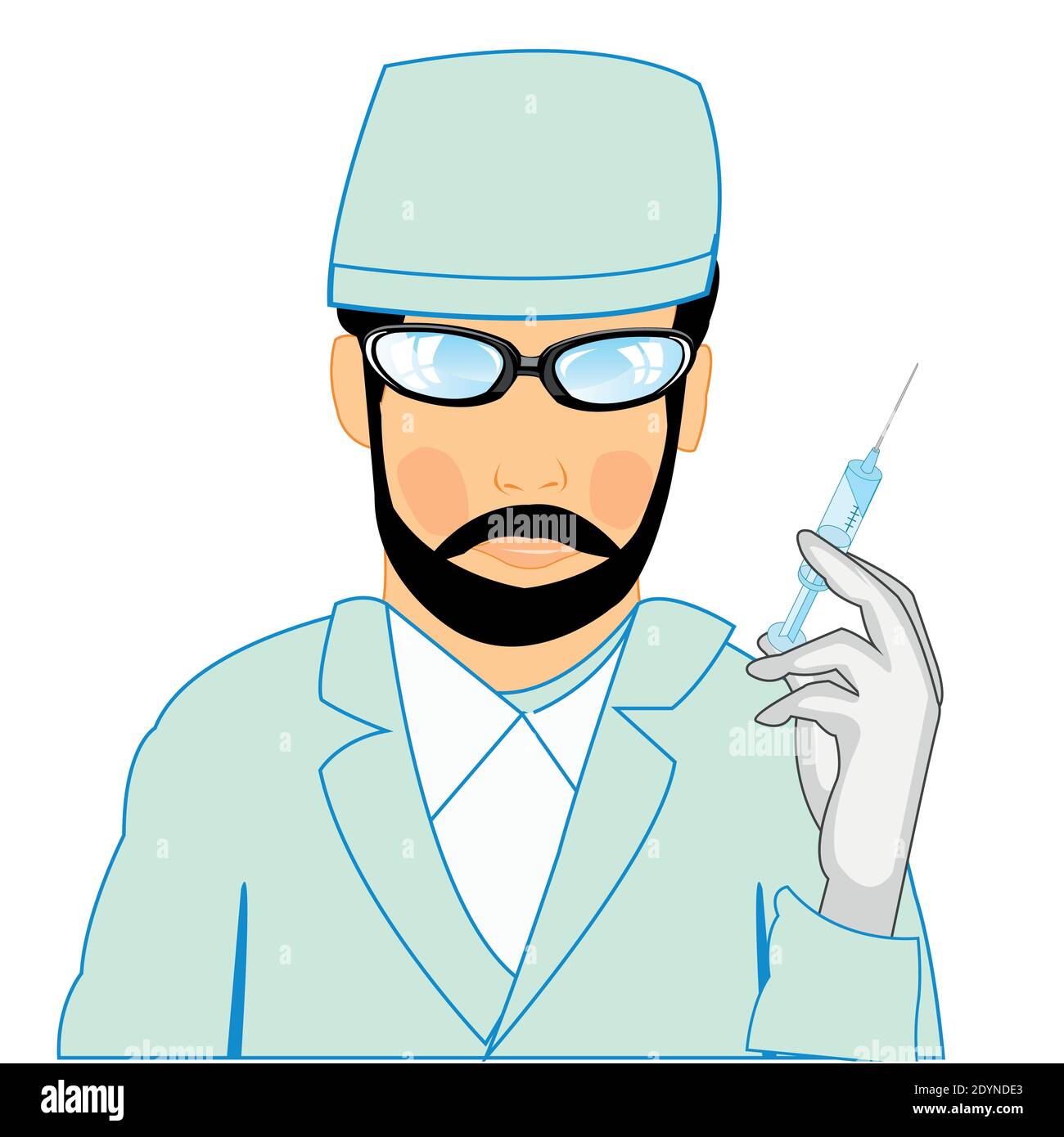 Man physician and syringe in hand on white background is insulated ...