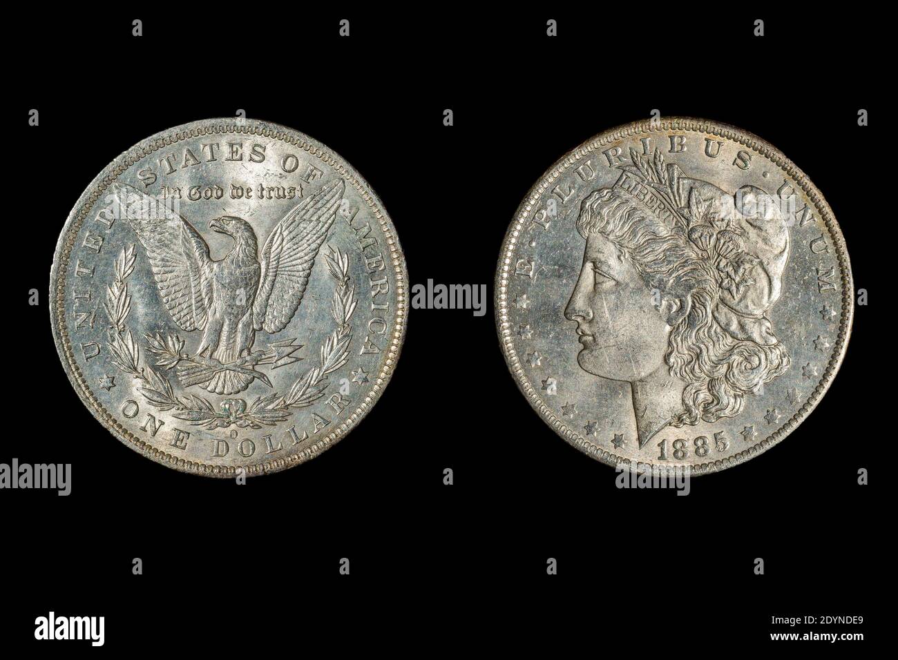 Both sides of a United States 1885 $1 "Liberty Head" coin. On the ...