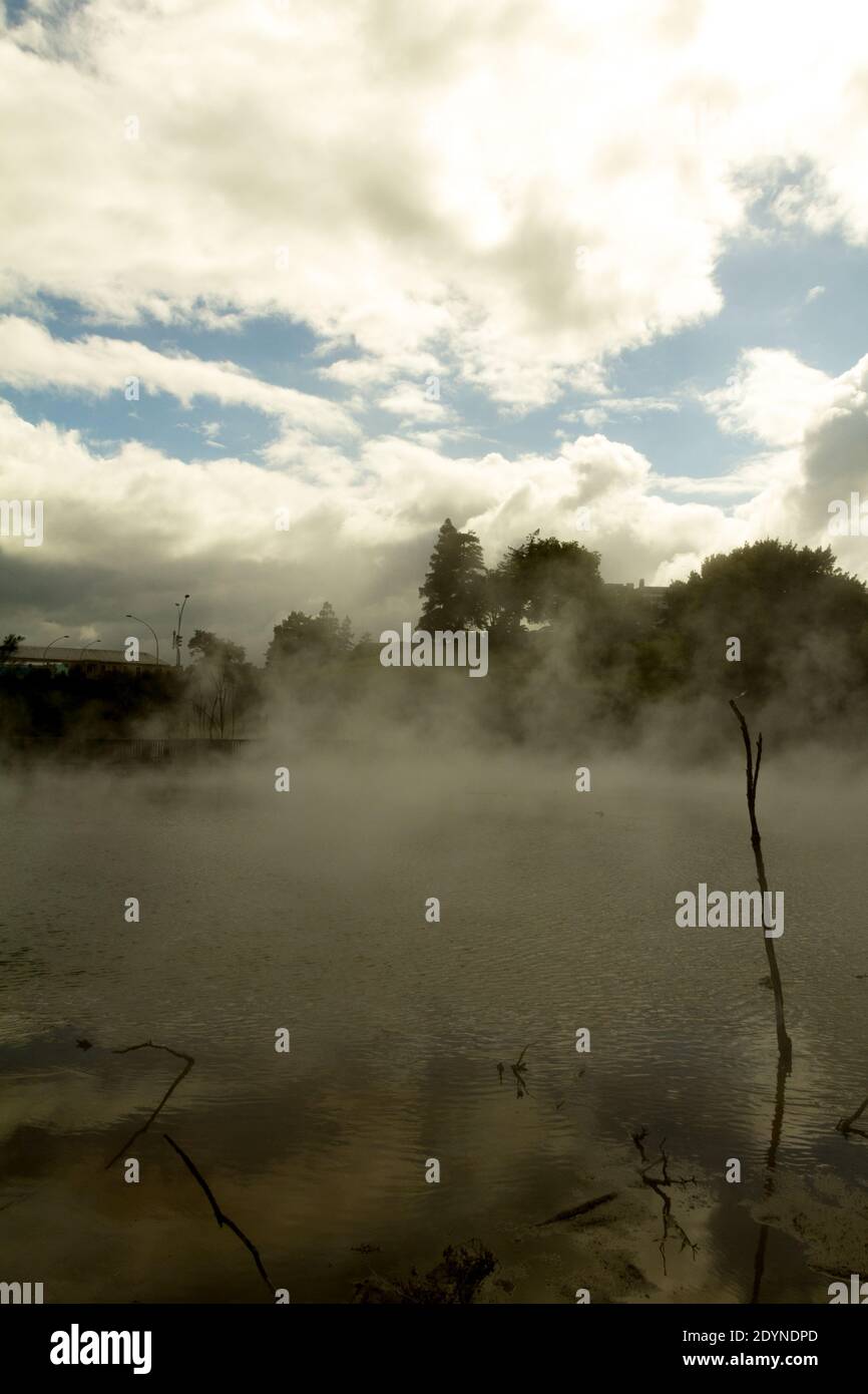 Geothermal lake with boiling mud pool in Wai-O-Tapu thermal wonderland ...