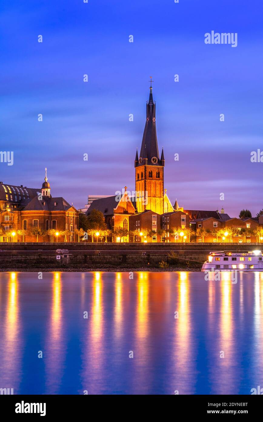 Saint Lambertus Catholic Church; night view of Dusseldorf City on the ...