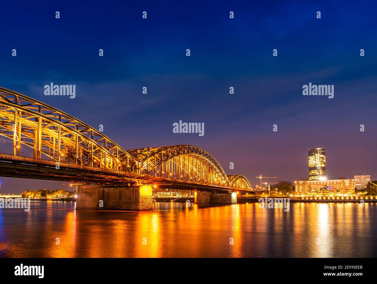 Panorama of night view of Hohenzollern Bridge over the Rhine in Cologne ...