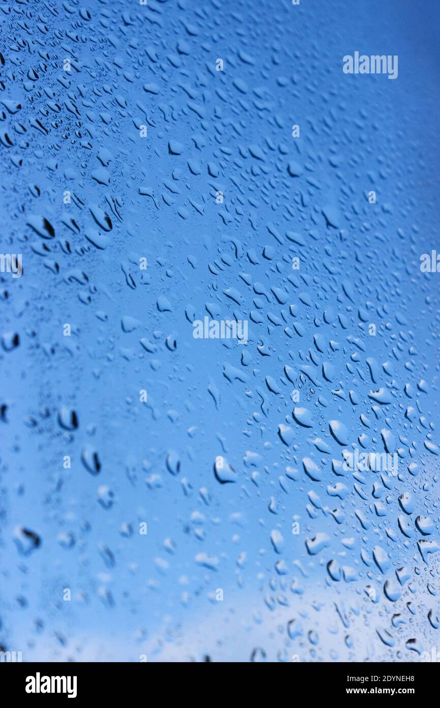 Water drops on a transparent window with a blue background Stock Photo ...