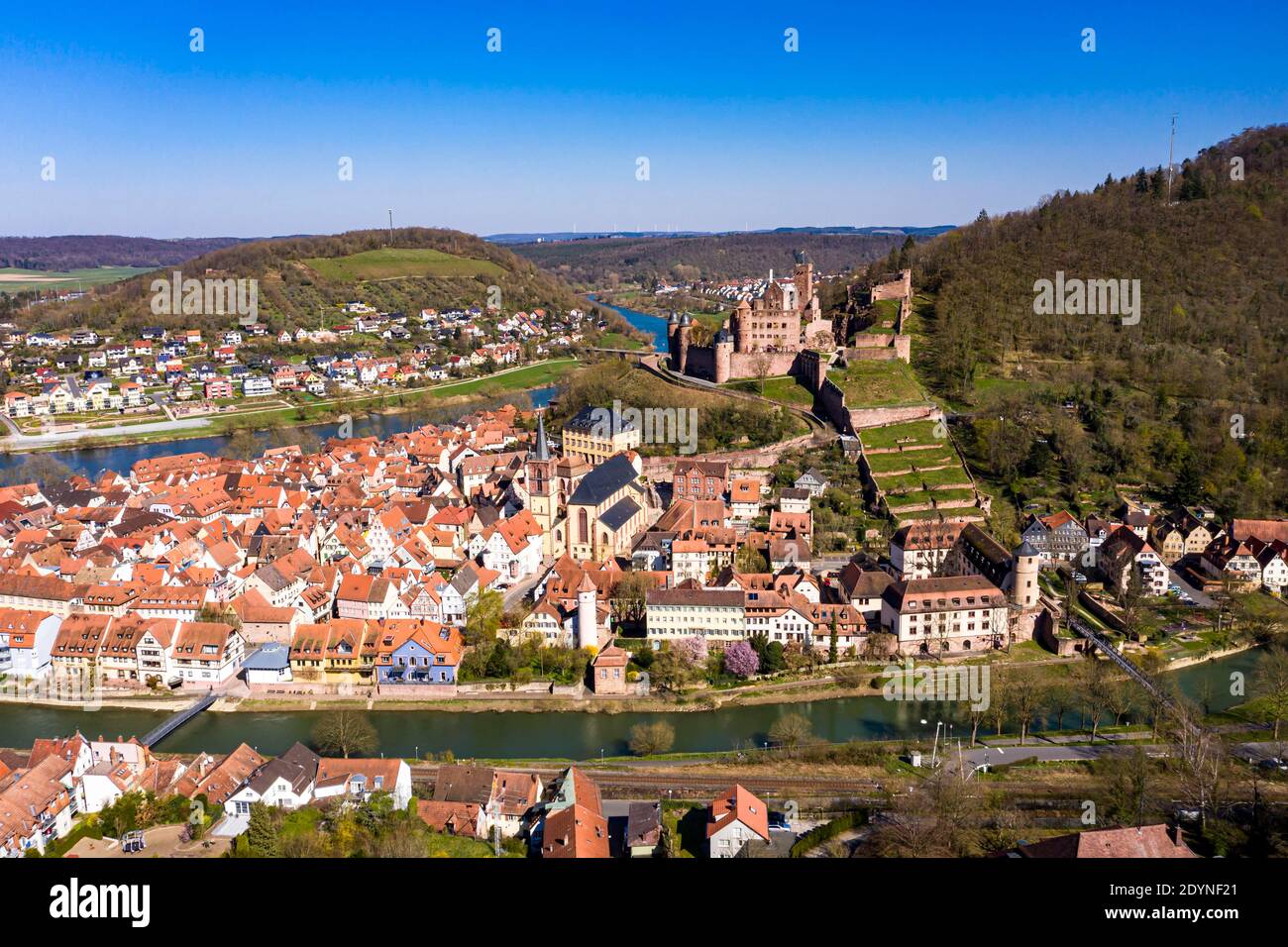 Aerial view, Wertheim with castle, river Main and Tauber, Wertheim ...