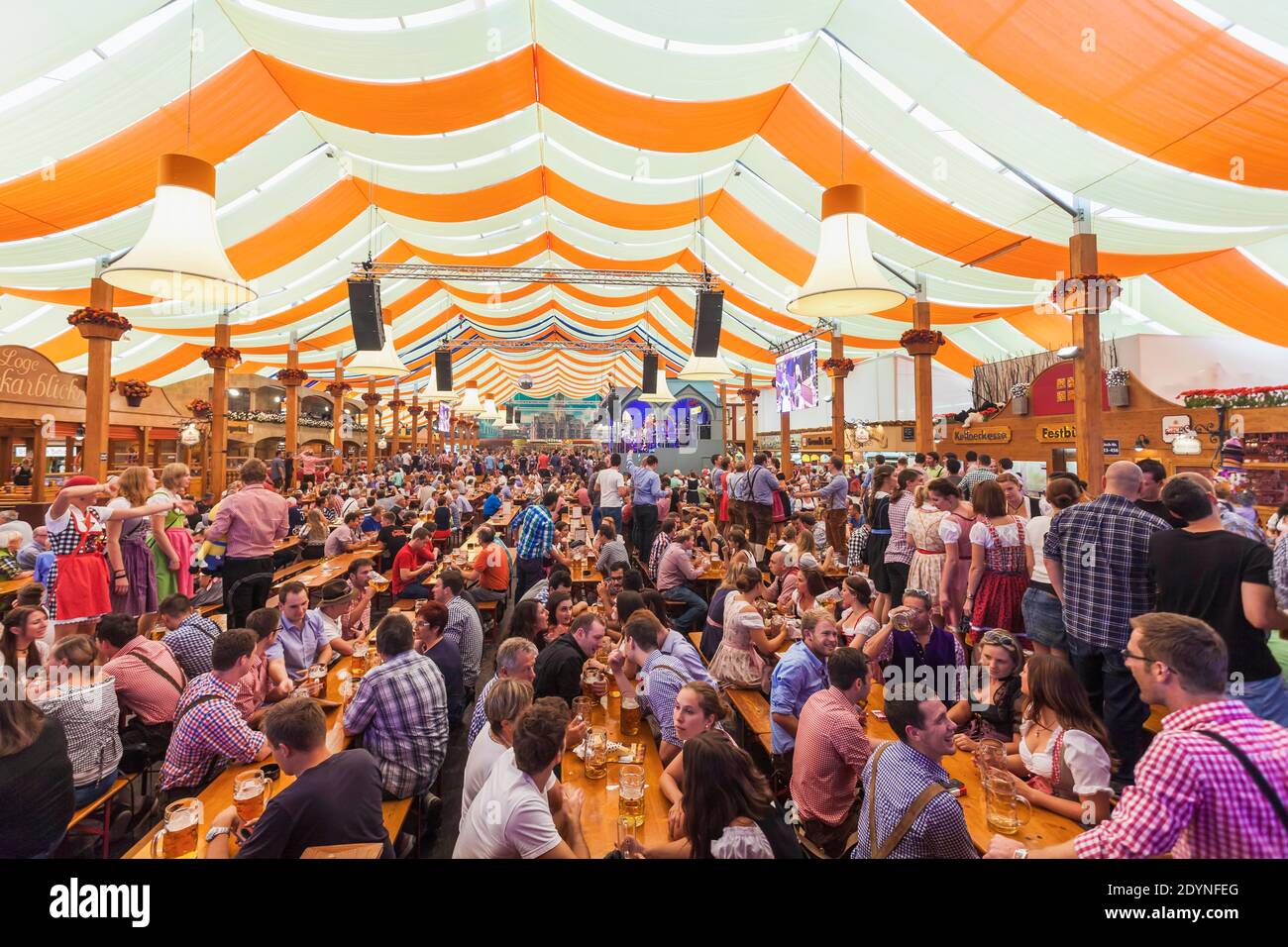 People in a beer tent at the Cannstatter Volksfest, Cannstatter Wasen ...