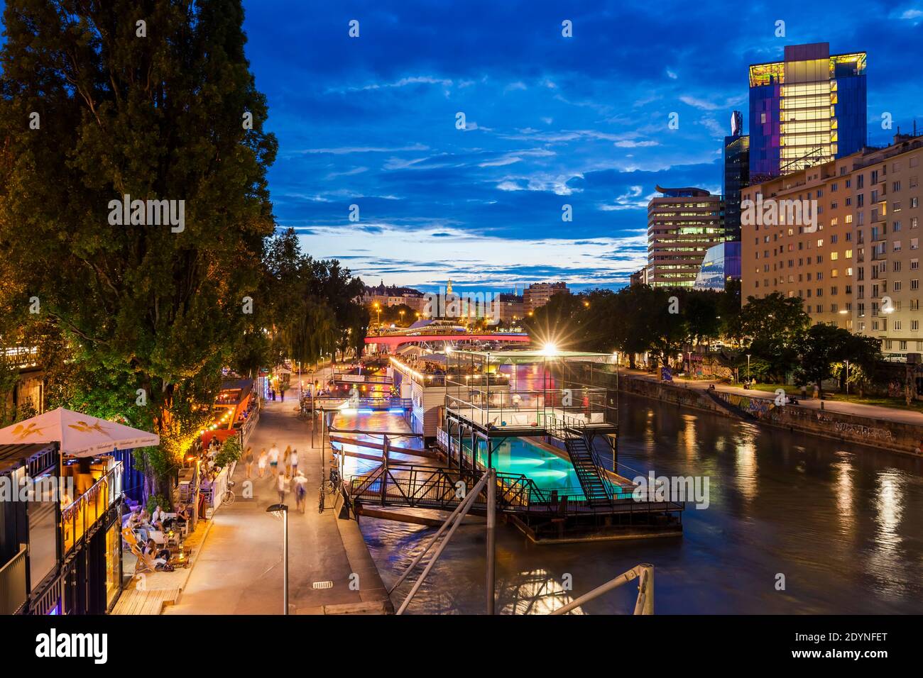 Pubs, restaurants and bathing ship on the Danube bank, nightlife ...