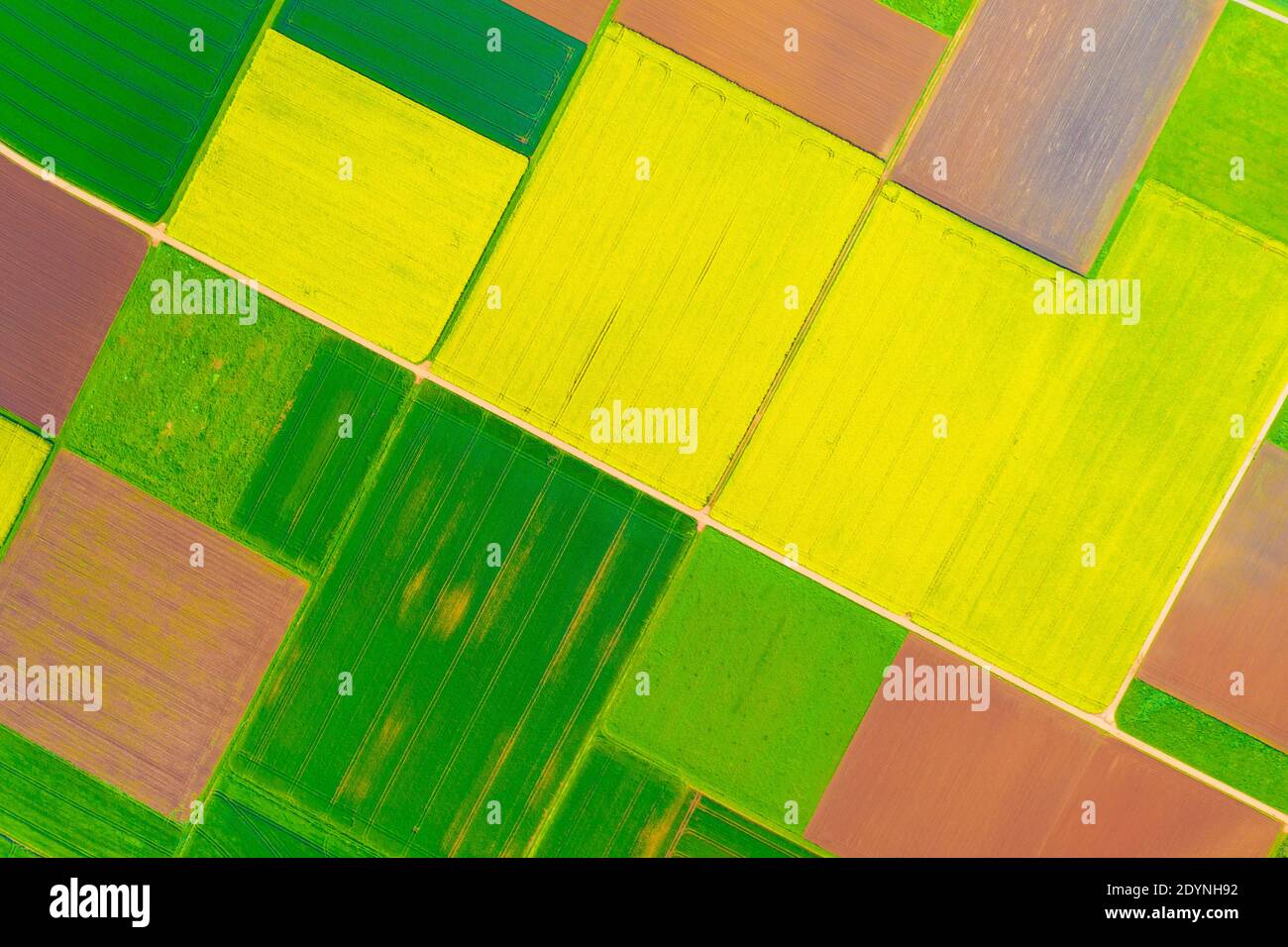 High-angle shot of colorful German farms; crops planting in the ...