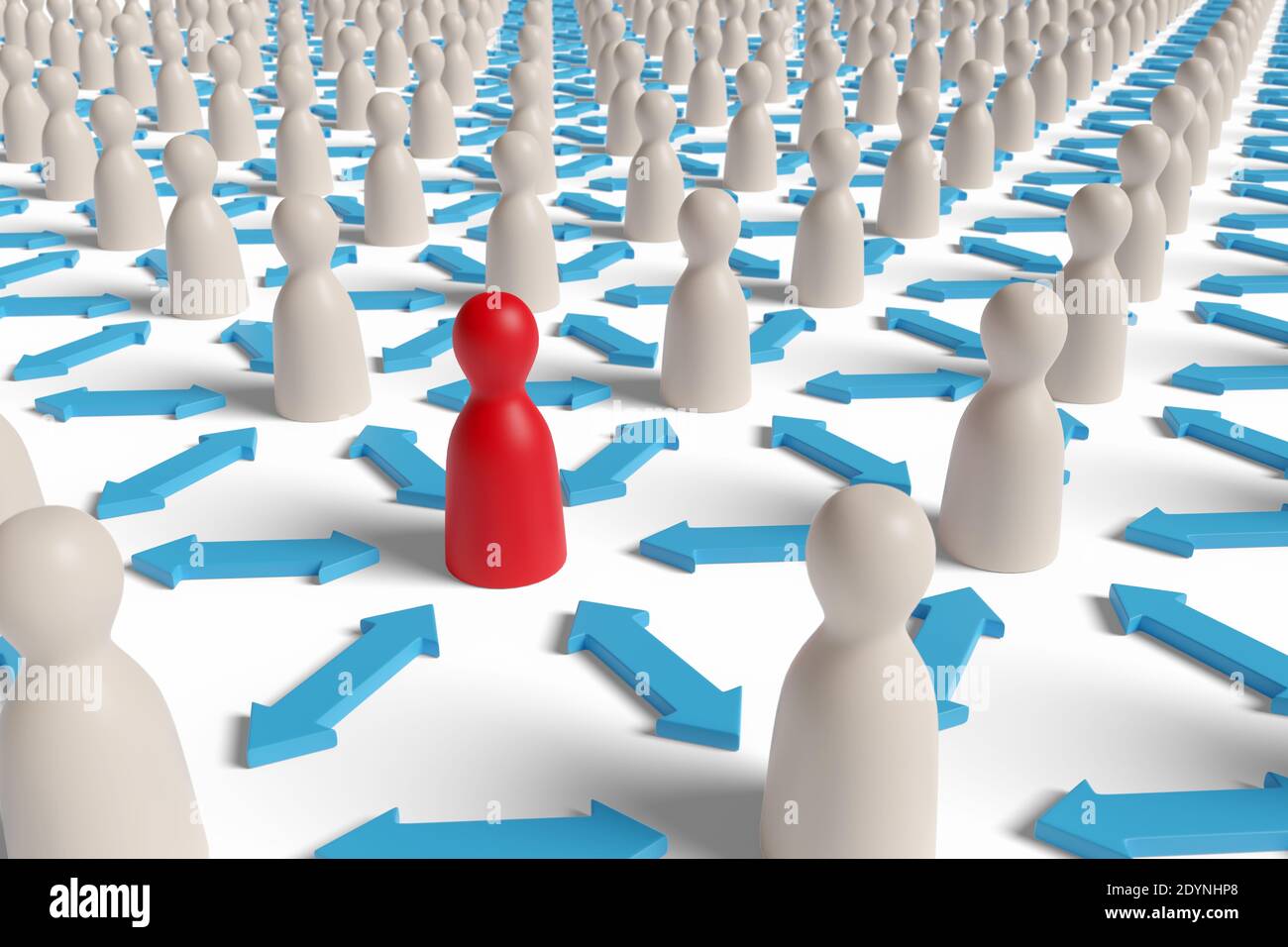 Red pawn figure surrounded by white pawns separated by arrows ...