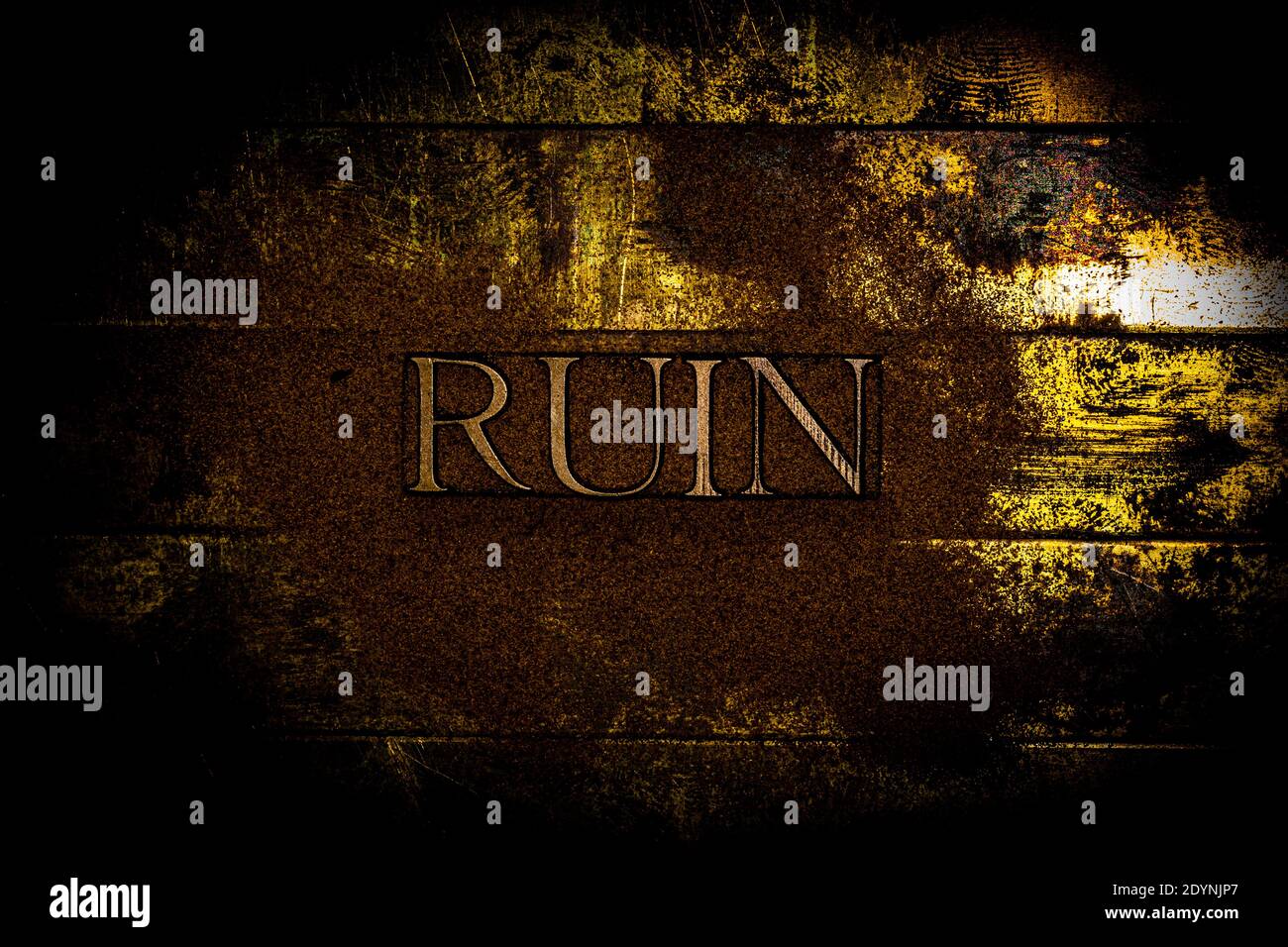 Ruin text in sand on top off grunge authentic metal background Stock ...