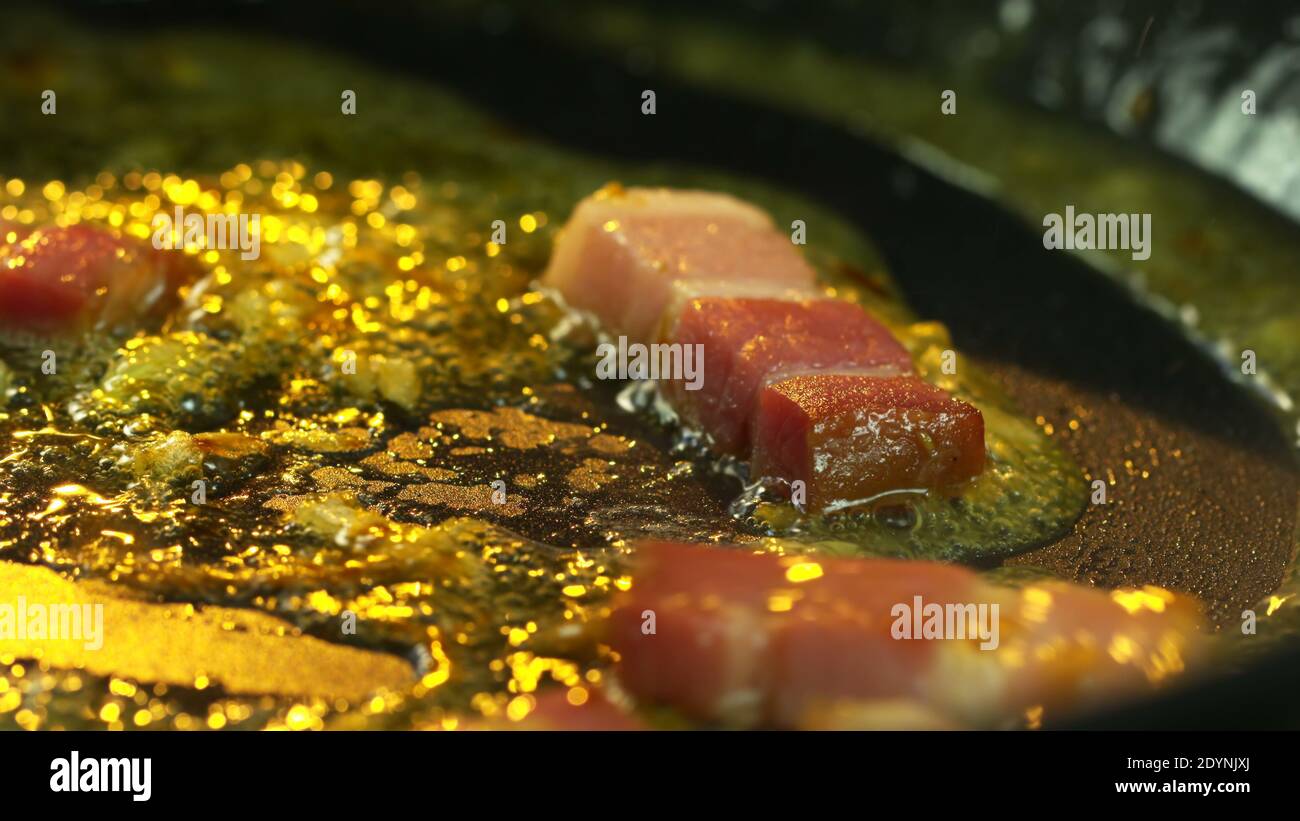 Chef Stirring Cutted Meat In Pan Stock Photo - Alamy