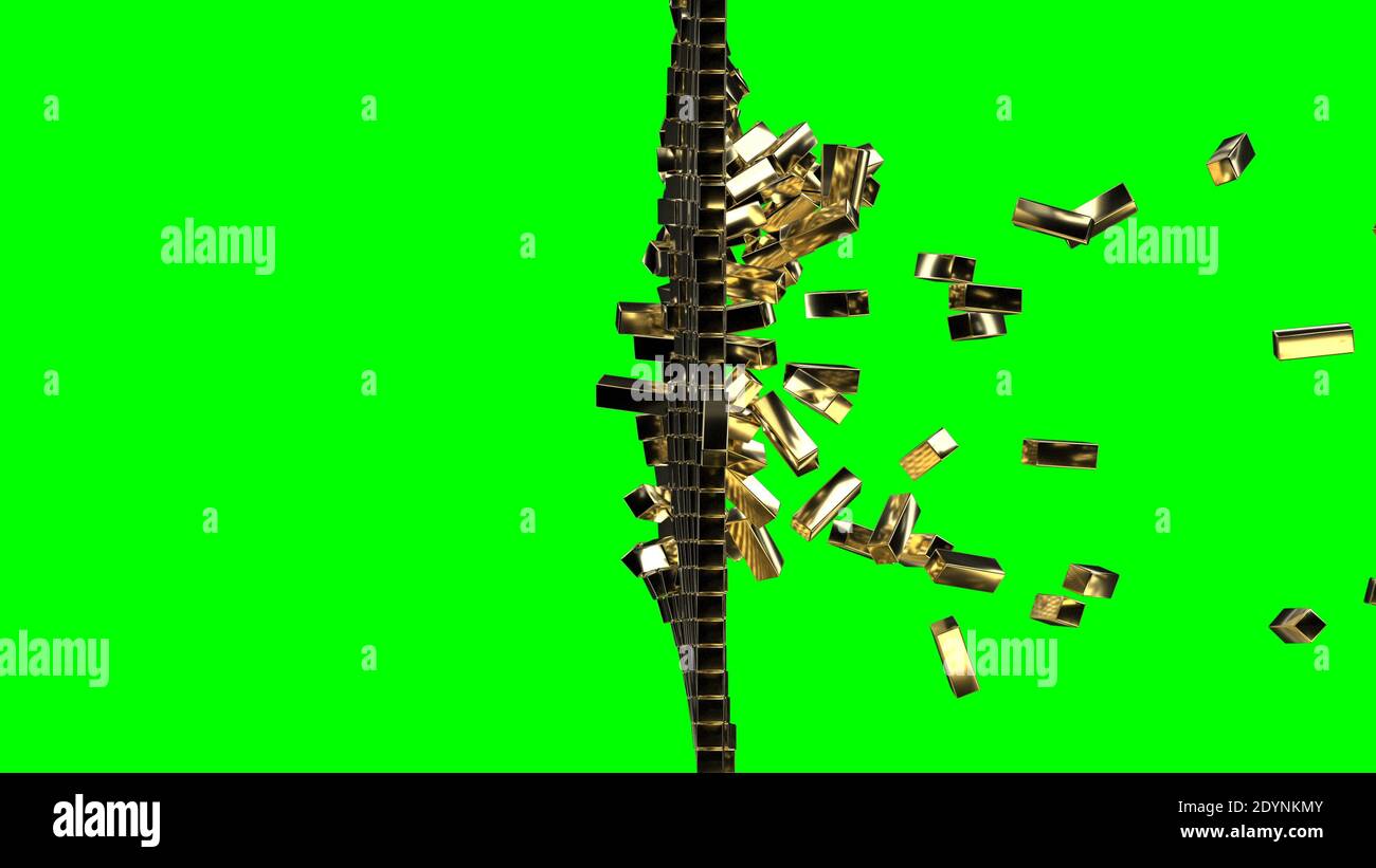 Gold brick wall explosion on green screen 3d render Stock Photo - Alamy