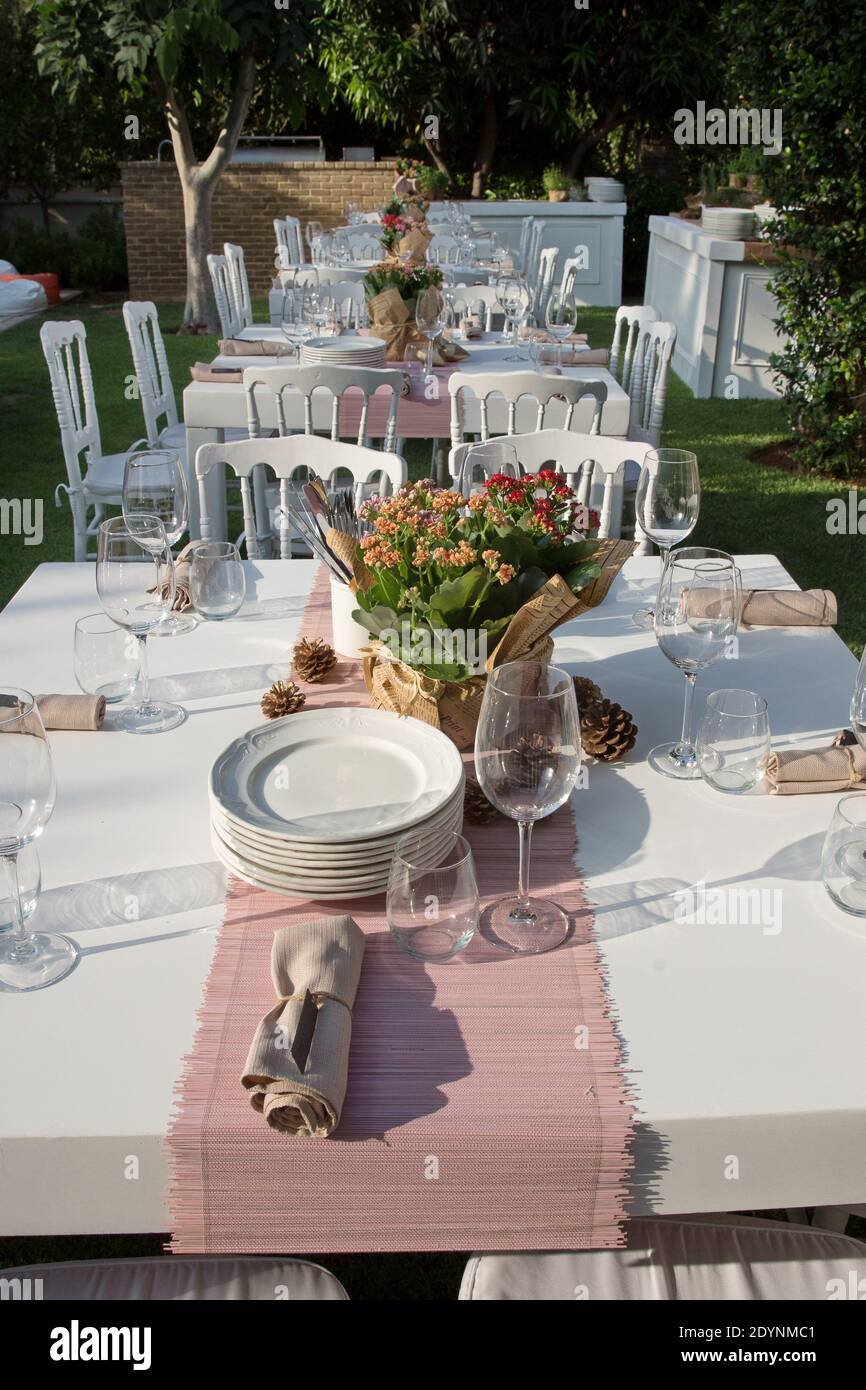 Tables set for a business event reception Stock Photo - Alamy