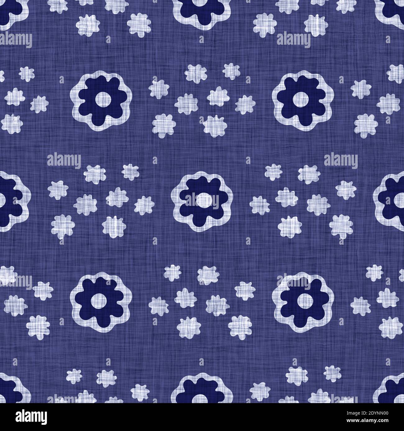 Indigo blue flower block print dyed linen texture background. Seamless ...