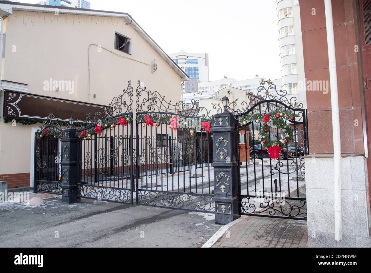 Beautiful wrought iron gate to the courtyard of an old Russian house ...