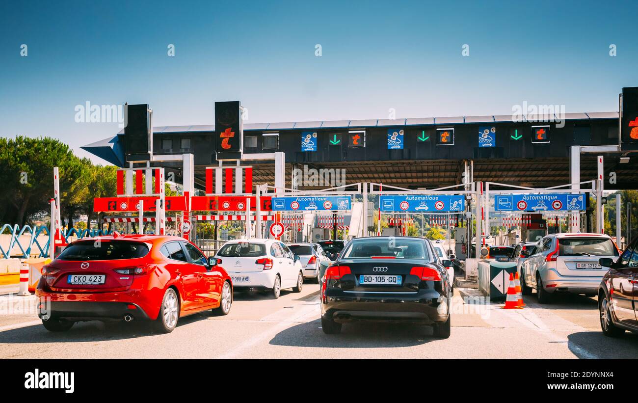 Cars passing through the point of toll highway, toll station Stock ...