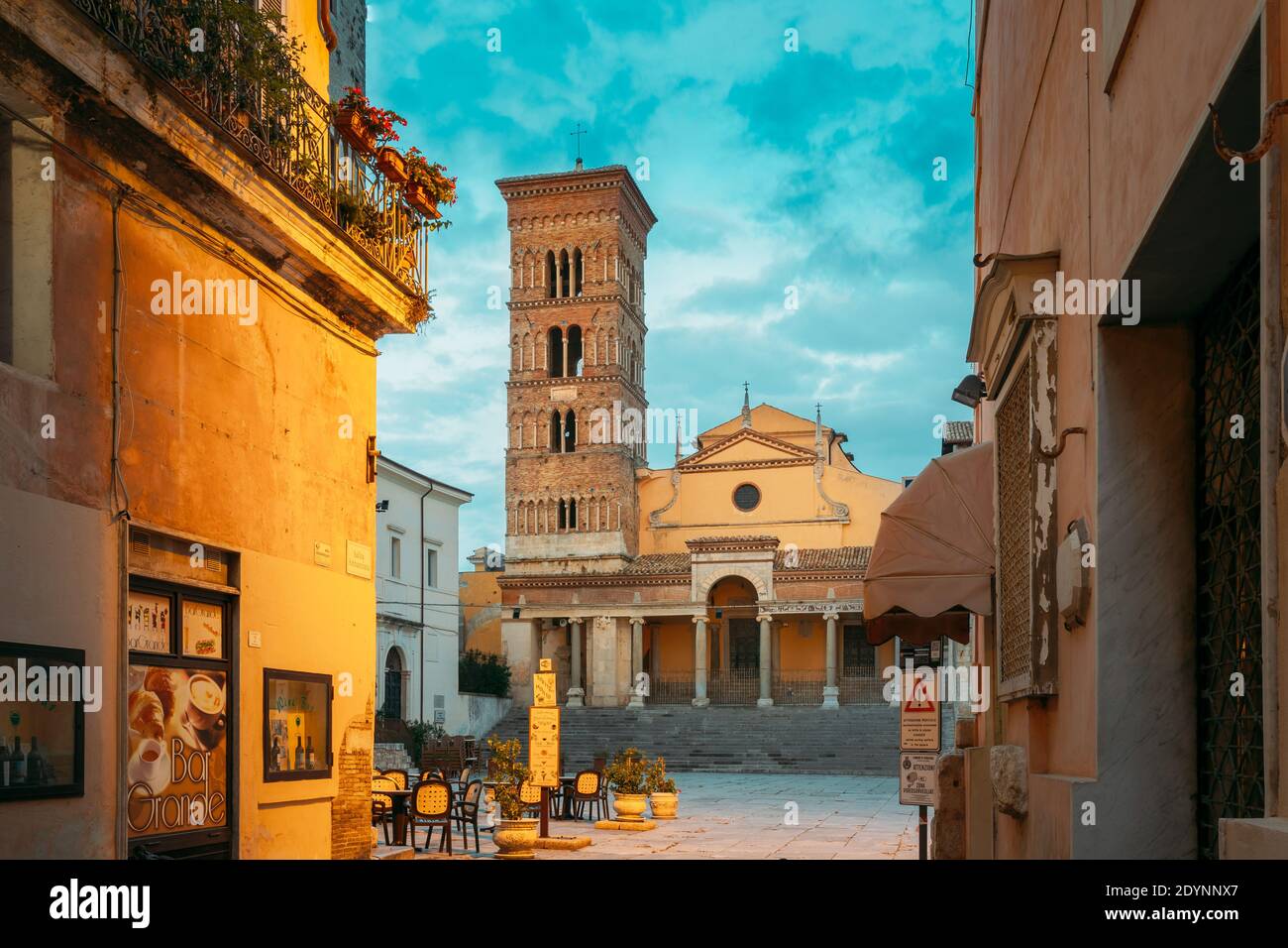 Terracina, Italy. Tower Of Cathedral Of San Cesareo In Night Time. It ...