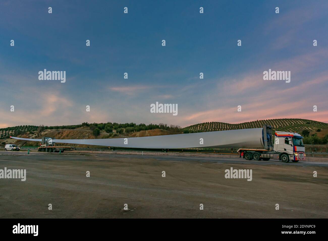 Special transport of blades for wind turbines, truck transporting a ...