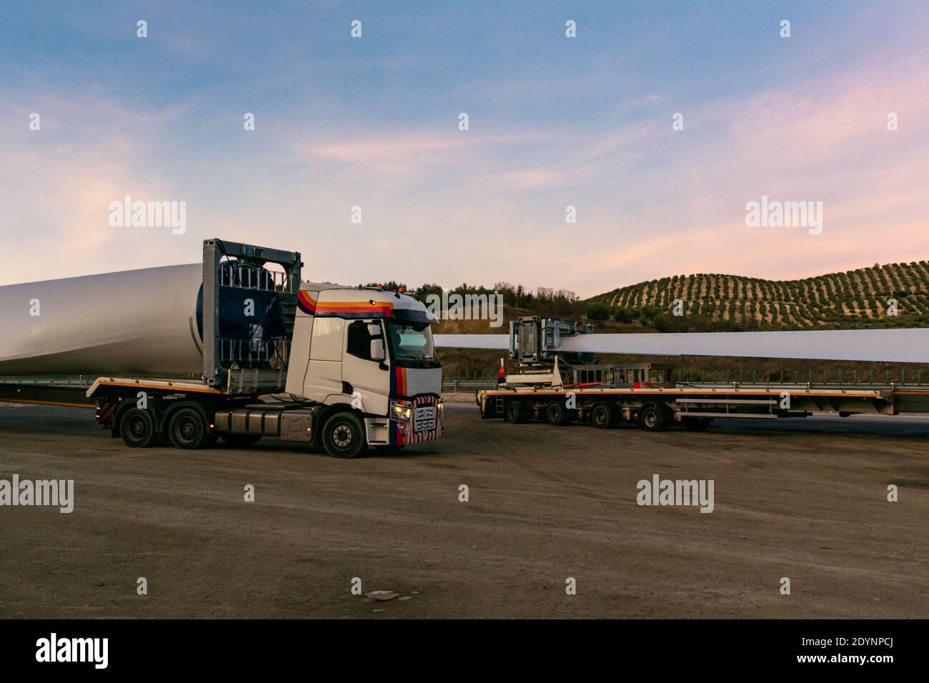 Special transport of blades for wind turbines, truck transporting a ...