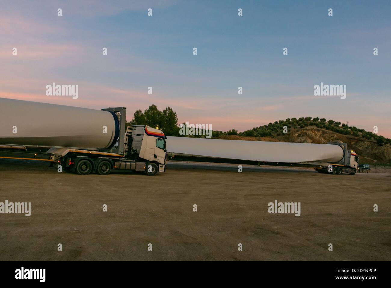 Special transport of blades for wind turbines, truck transporting a ...