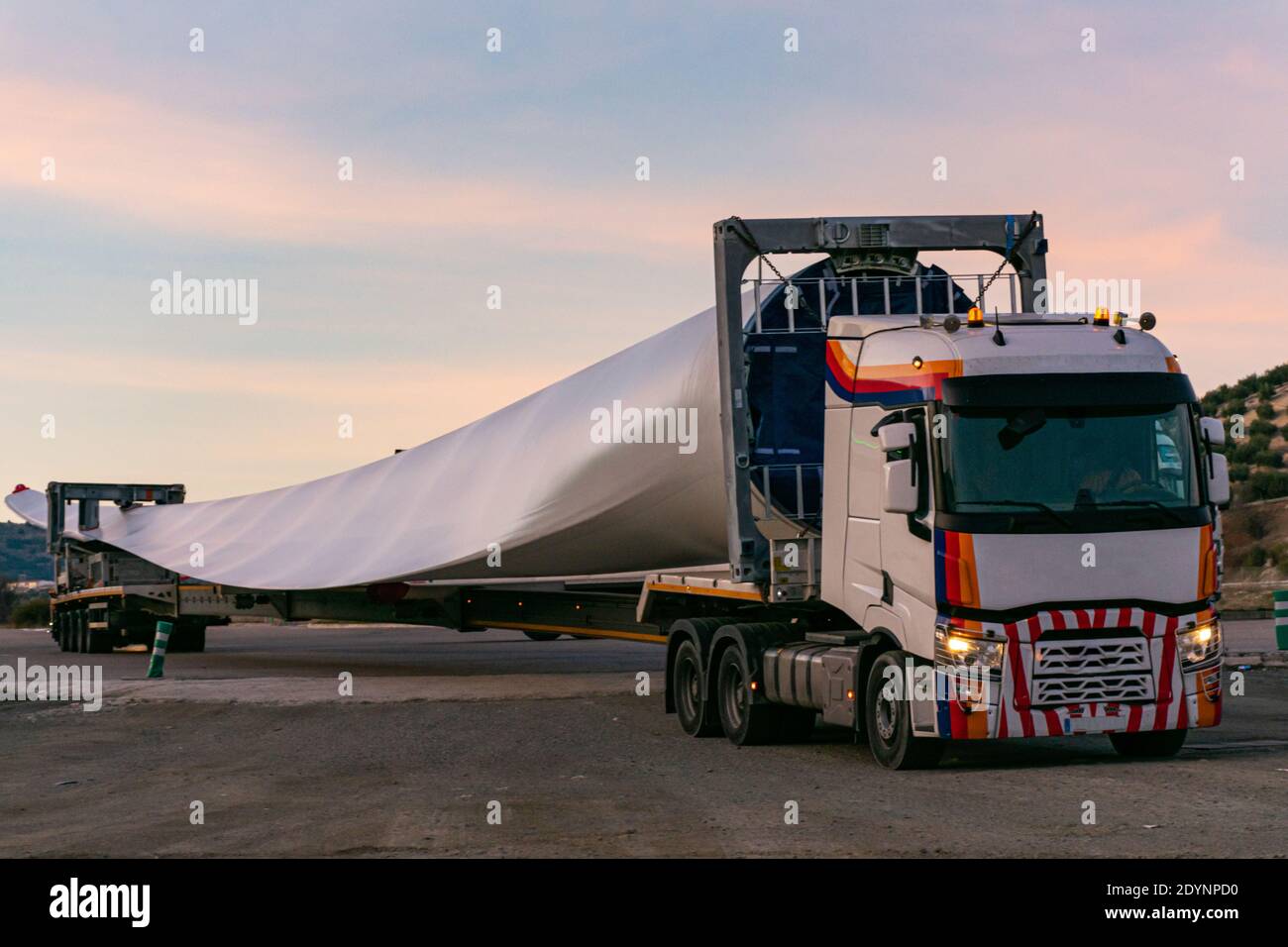 Special transport of blades for wind turbines, truck transporting a ...