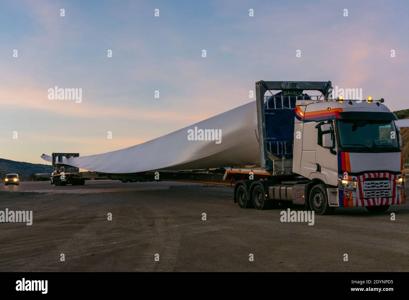 Special transport of blades for wind turbines, truck transporting a ...