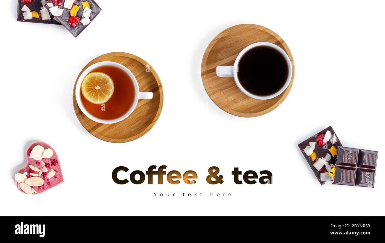 Coffee, tea and raw chocolate on a white background. Long header banner ...