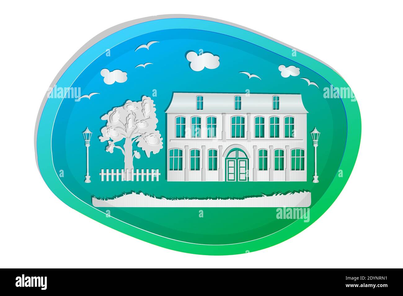 Paper cut house isolated on white background. Paper art style. Banner ...
