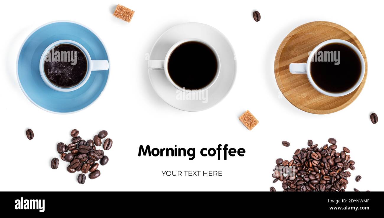 Coffee cups and sweets on a white background. Long header banner format ...