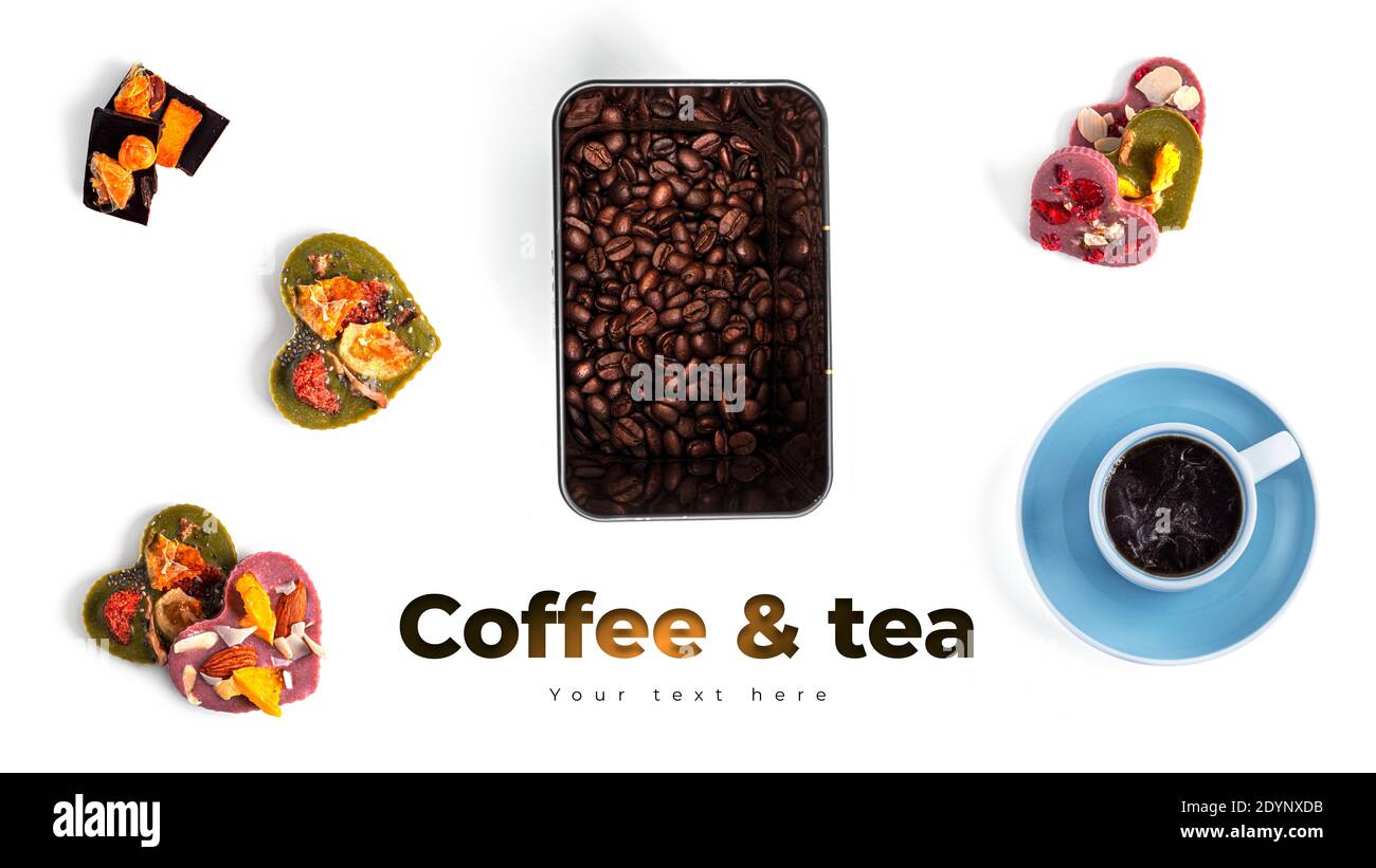 Coffee and raw chocolate on a white background. Long header banner ...
