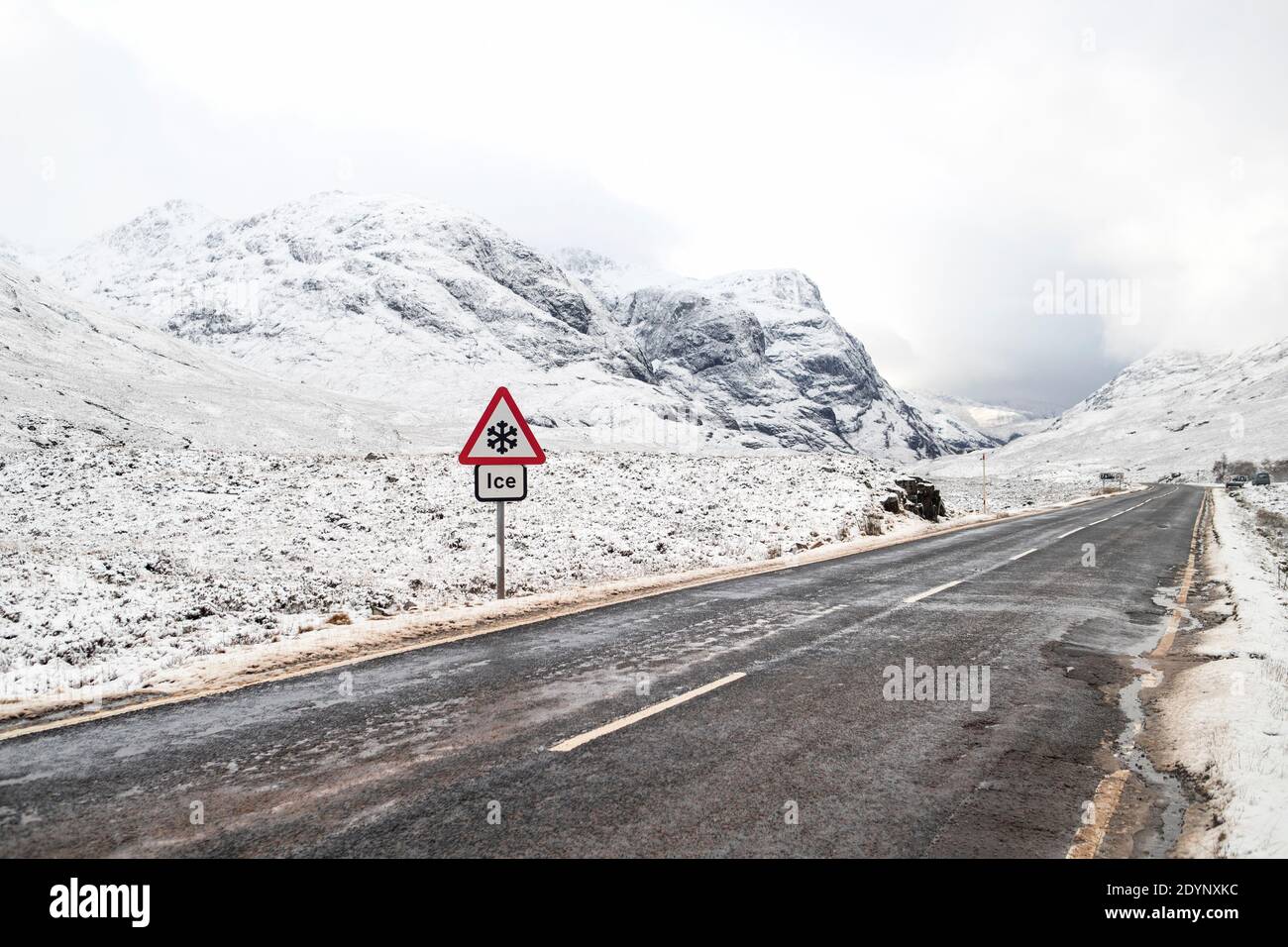 A road warning sign for ice alongside the A82 in Glencoe, Scotland ...
