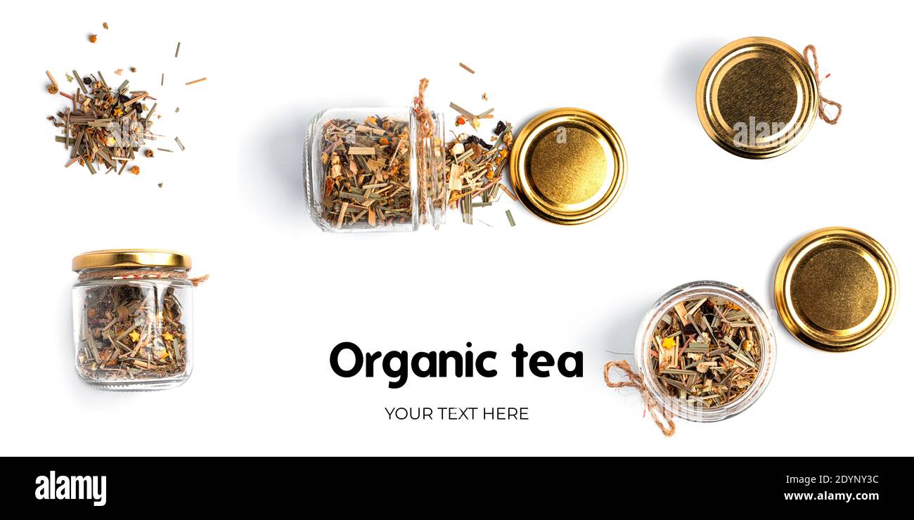 Organic tea in jar on white background. Long header banner format ...