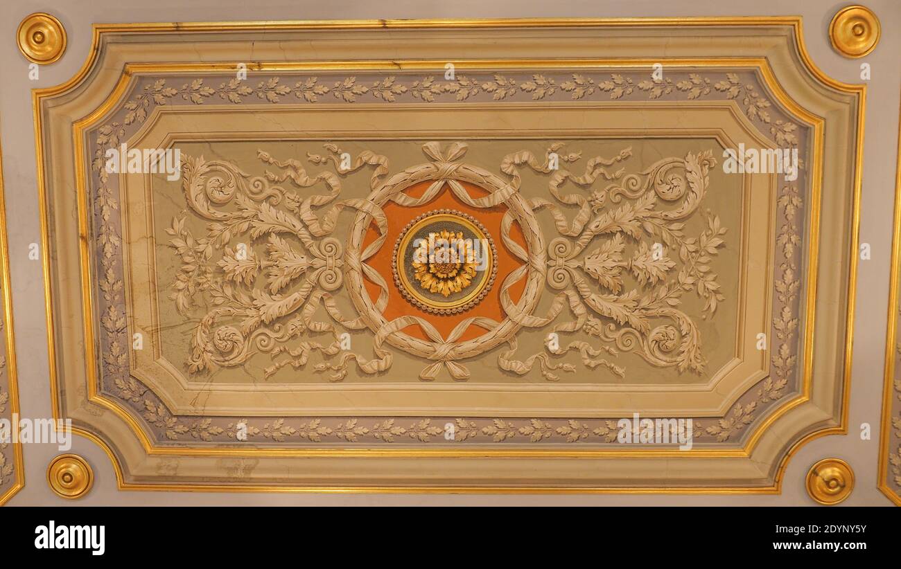 Decorated ceilings adorn one of the palace hall. Interior of Baroque ...