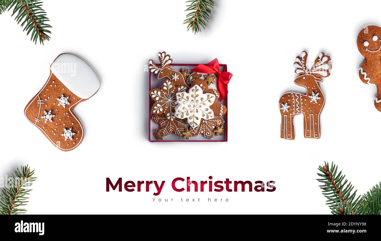 Merry Christmas with gingerbread cookies. Long header banner format ...