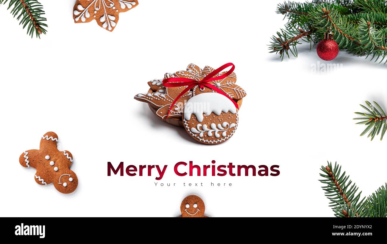 Merry Christmas with gingerbread cookies. Long header banner format ...