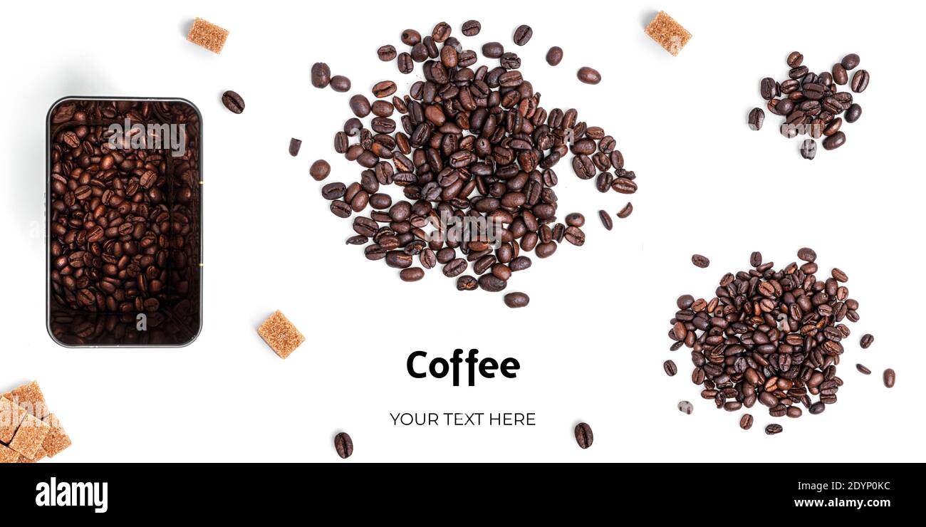 Coffee cups and sweets on a white background. Long header banner format ...