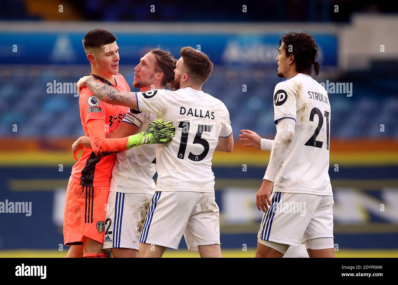 Leeds United goalkeeper Illan Meslier, Luke Ayling (second left) and ...