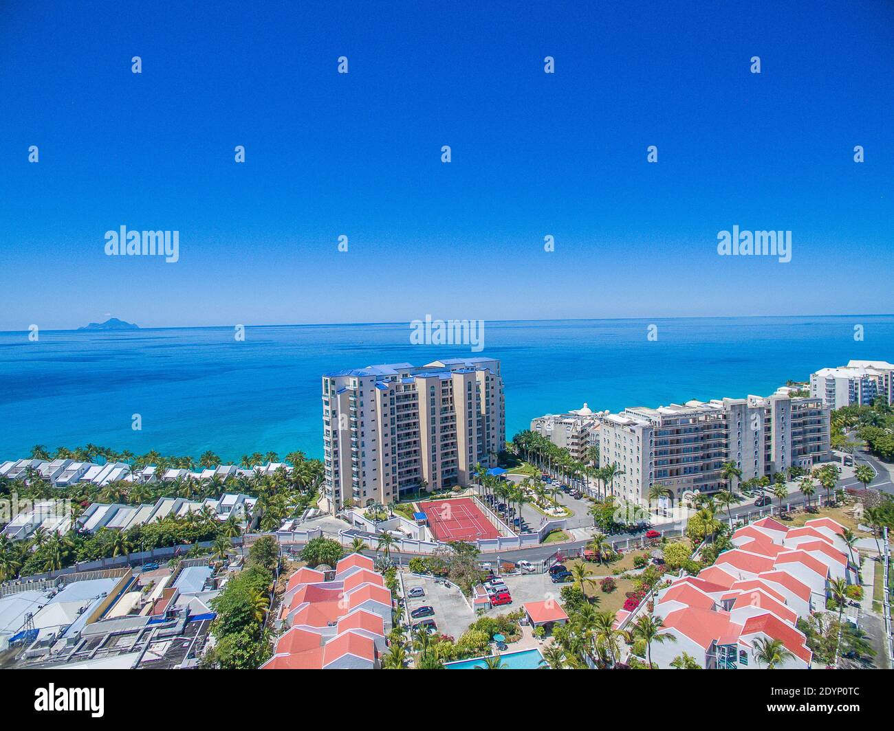 Aerial photo of Caribbean landscape in the island of St.Maarten. Maho ...
