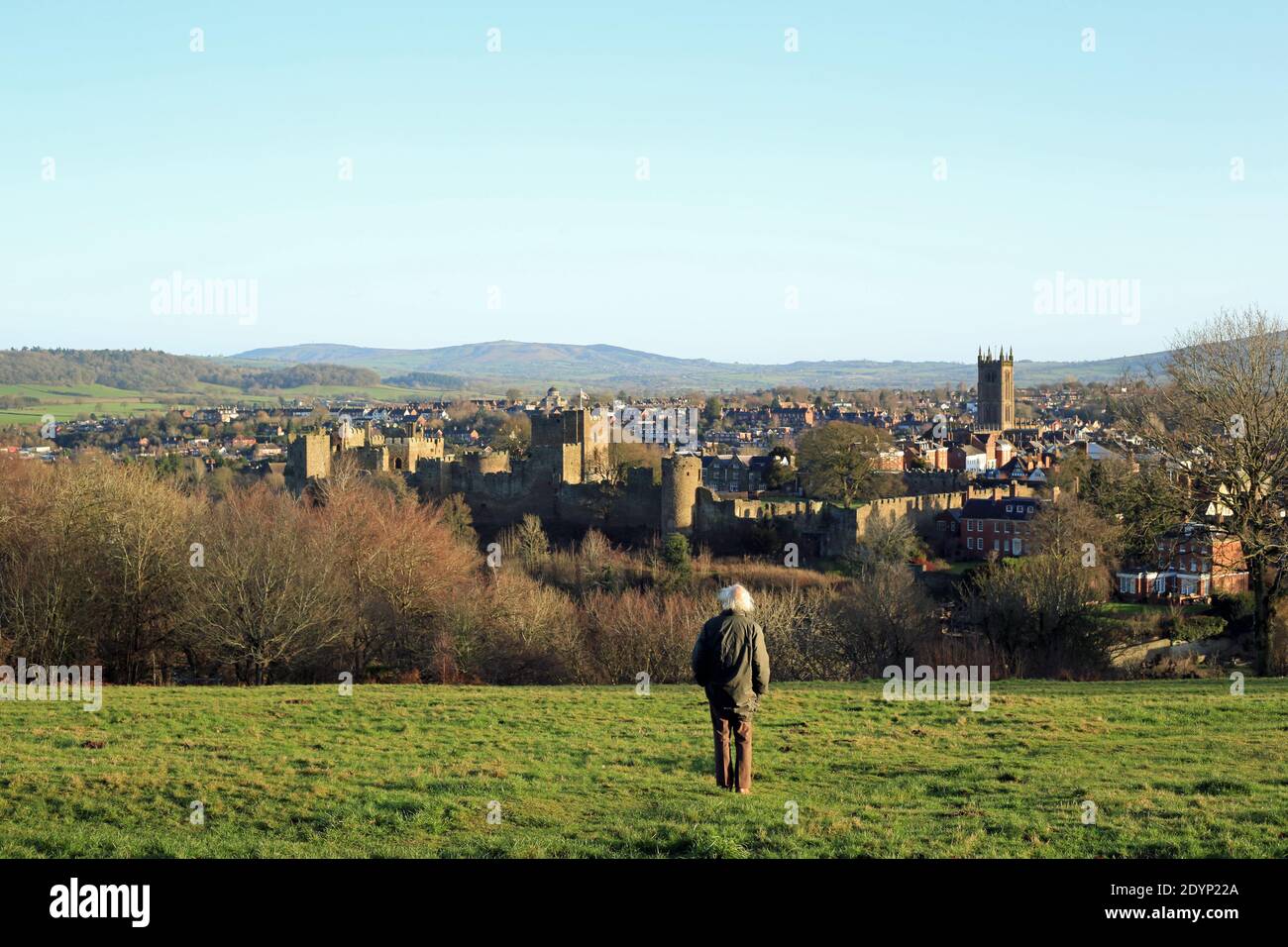 Man enjoying the view of Ludlow castle from Whitcliffe common, Ludlow ...