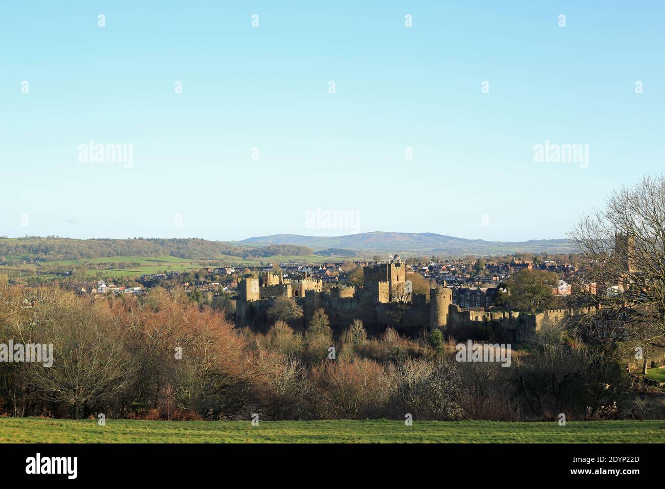 View of Ludlow town and castle from Whitcliffe common, Ludlow ...