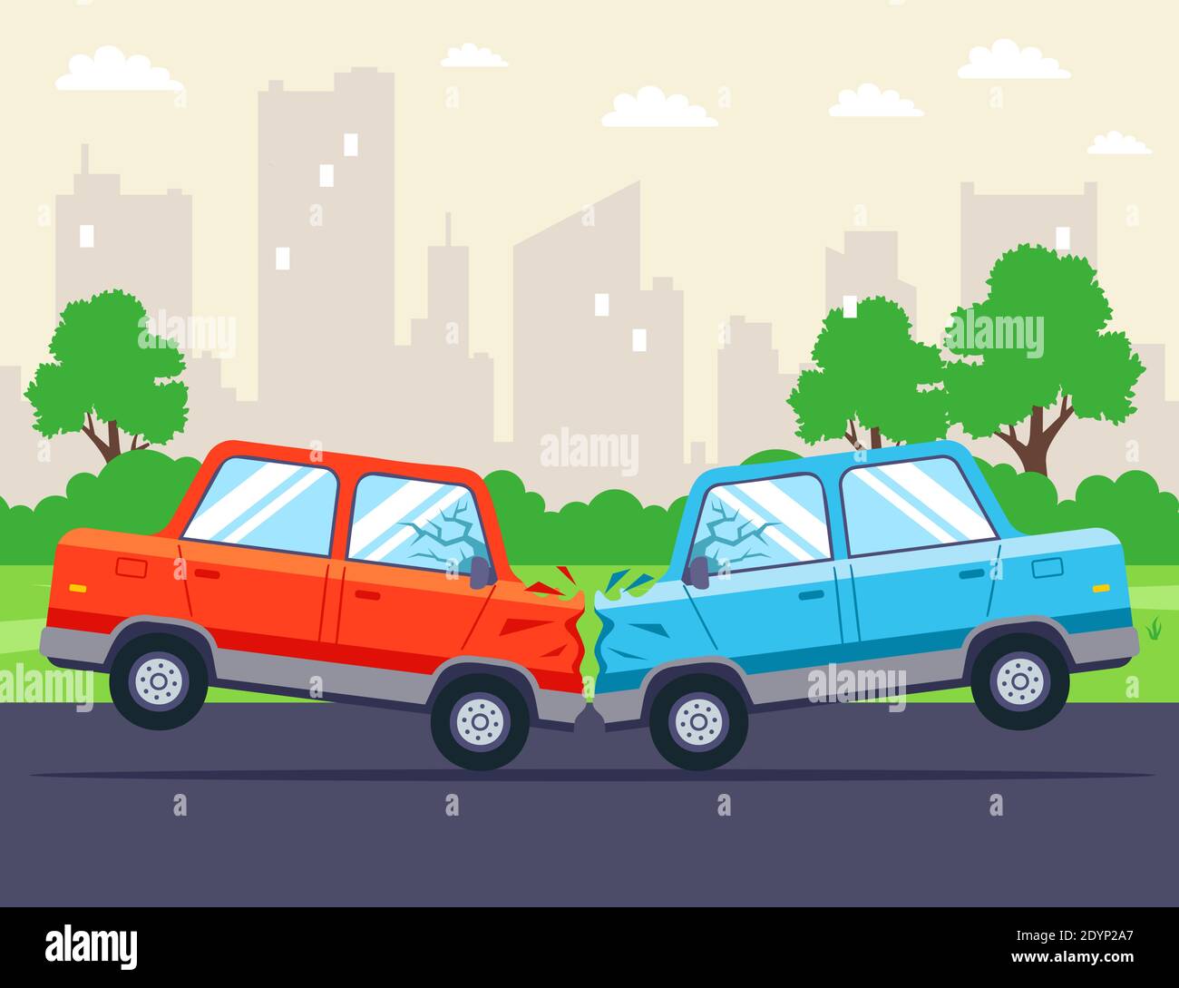 two cars collided head-on on the highway. flat vector illustration ...