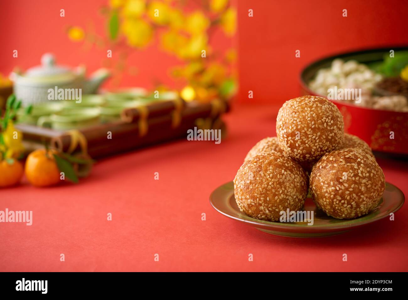 Small plate with fried rice balls cooked for spring festival ...