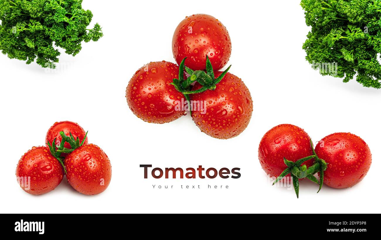 Tomatoes on a white background. Long header banner format. Panorama ...