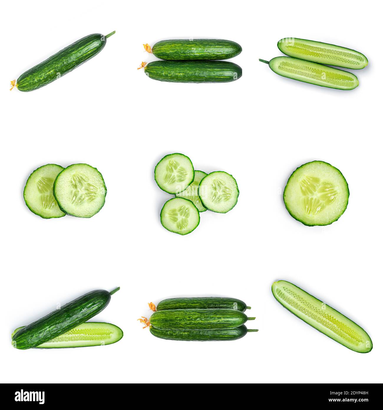 Fresh whole and sliced cucumber. Close up. Isolated on white background ...