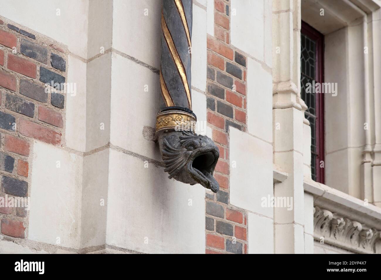 Detail of a sculpted gutter, gargoyle type, on the facade of the castle ...