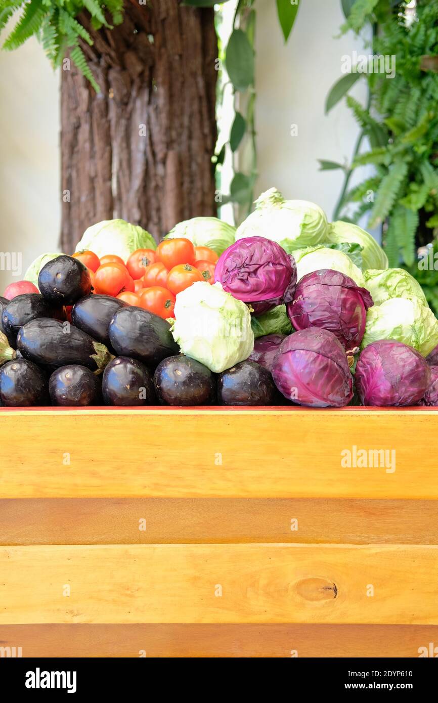 fruit vegetables in wooden cart wagon harvesting from farm Stock Photo ...