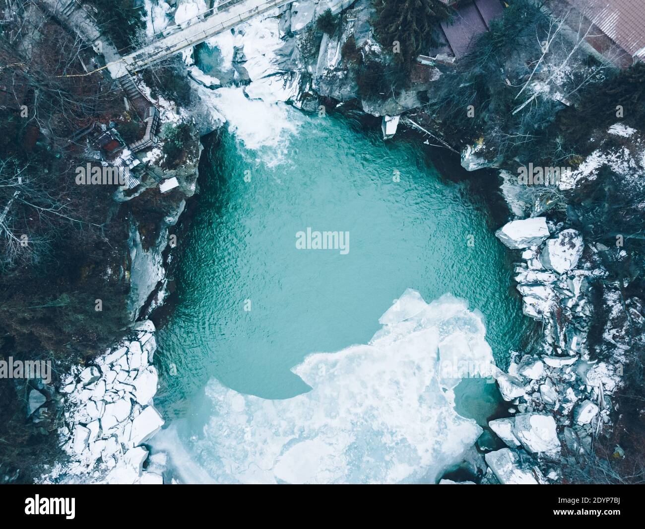 aerial view of waterfall in Yaremche village in carpathian mountains ...