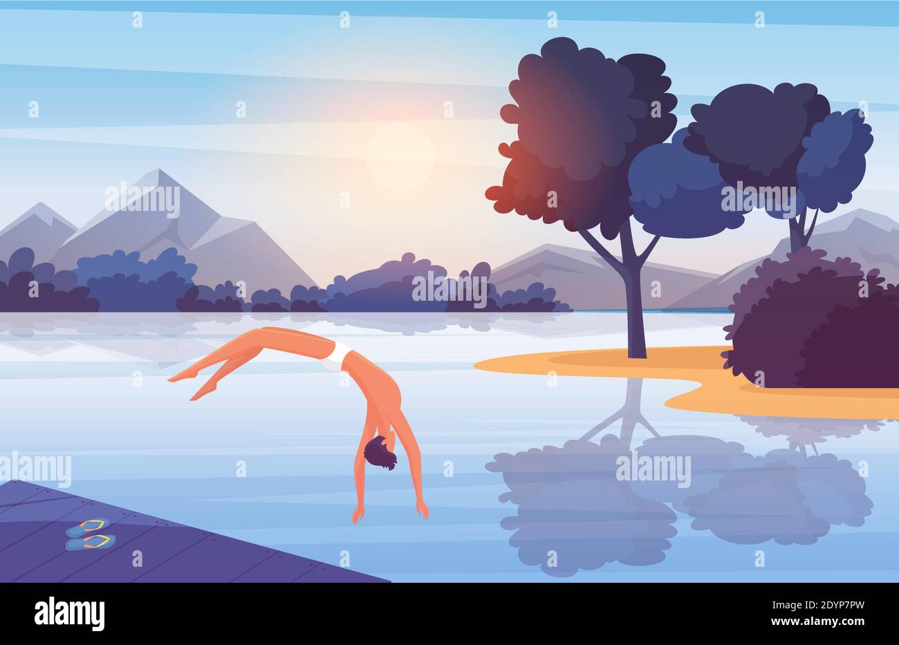 Young man jumping from wooden pier into water vector illustration ...