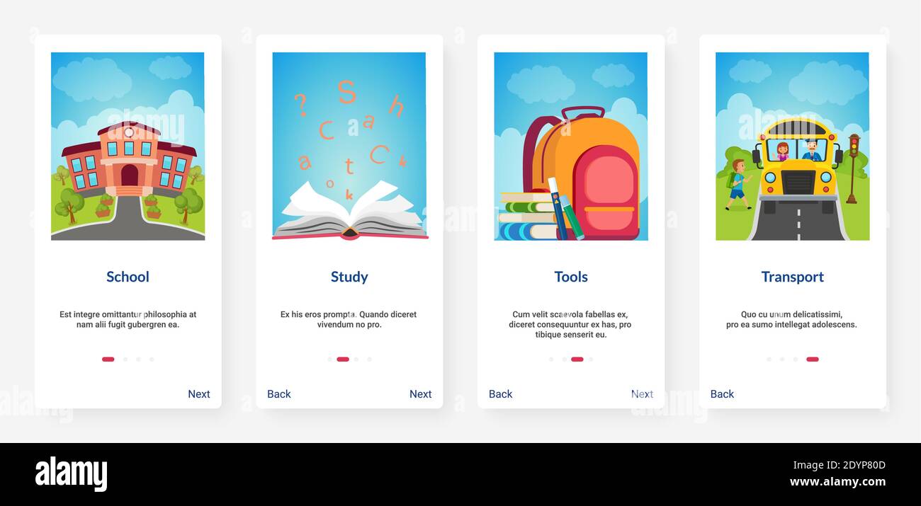 School tools, transport cartoon vector illustration. UX, UI onboarding ...