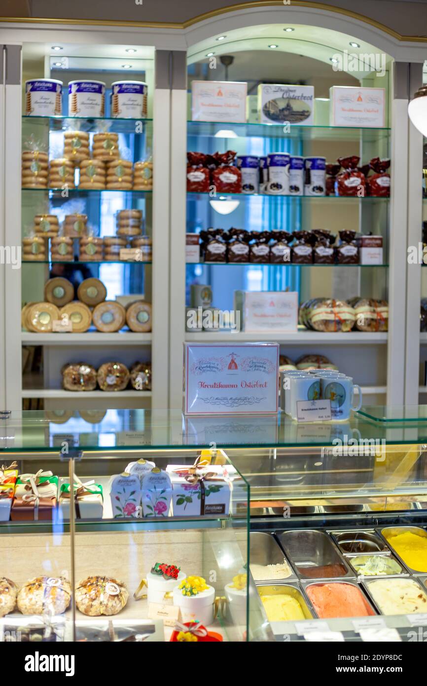 Pastry Shop window with a fridge and shelves in background Stock Photo ...