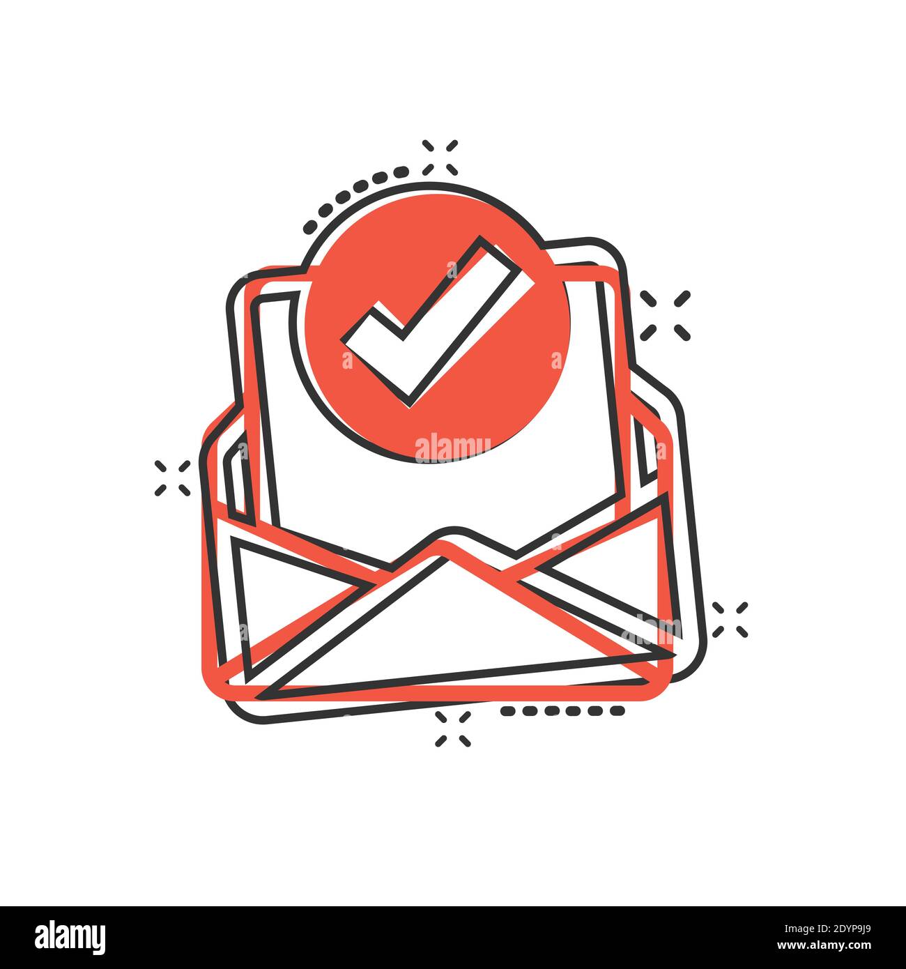 Envelope with confirmed document icon in comic style. Verify cartoon ...